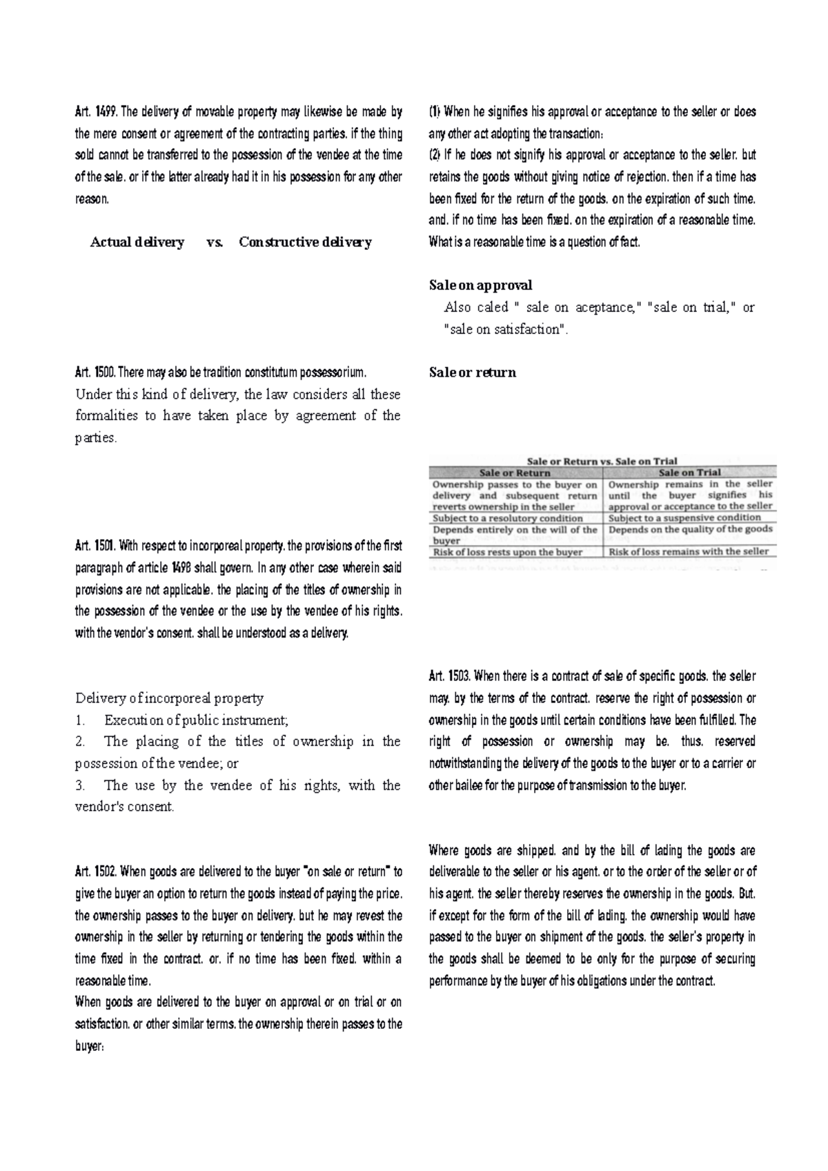 Legal Provisions on Delivery of Movable & Incorporeal Property: Art ...