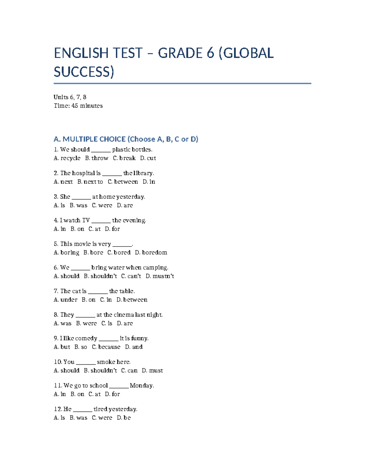 English Test Grade 6 (GLOBAL SUCCESS) Units 6-8 - Studocu