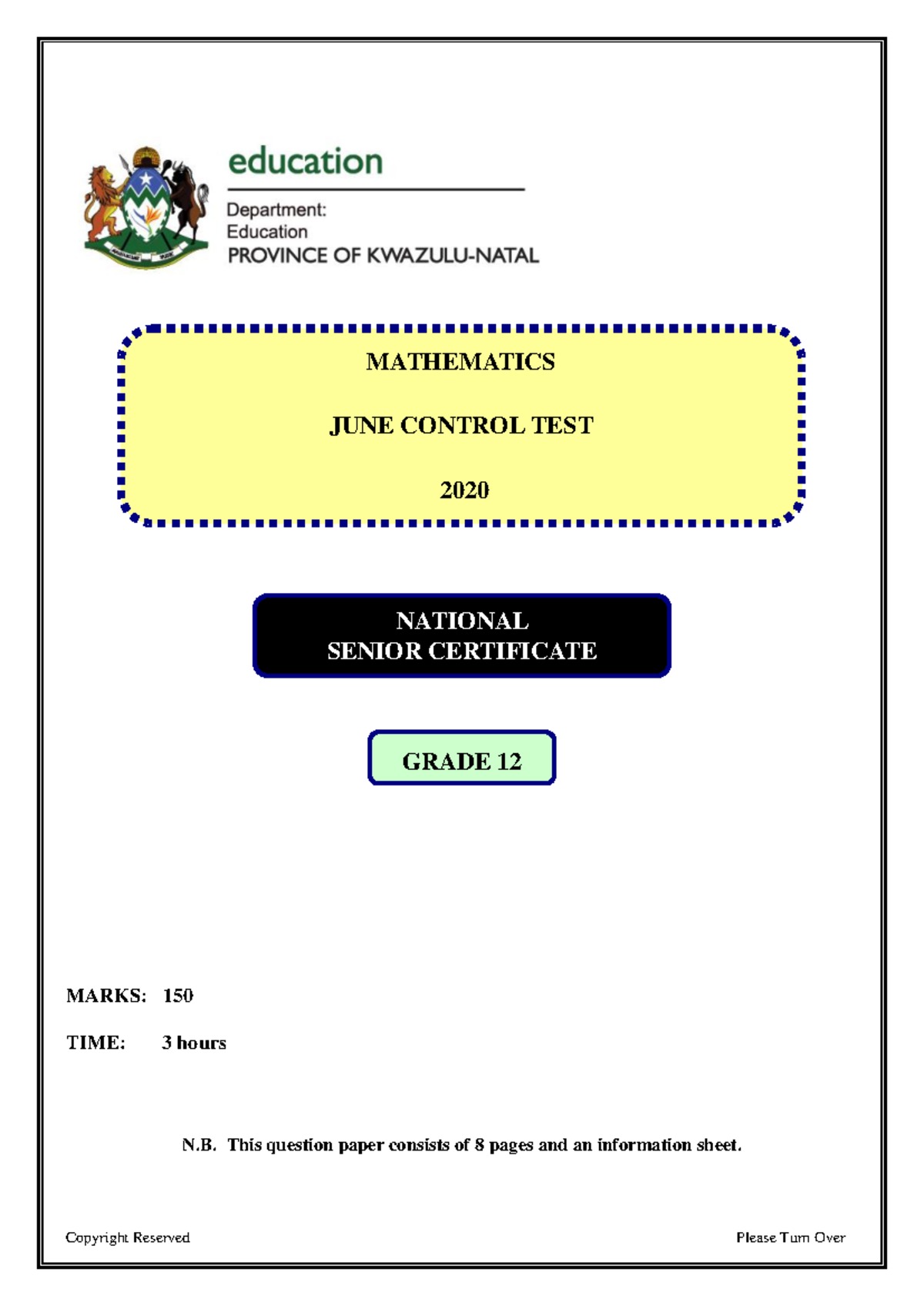 Mathematics JUNE Grade 12 QP 2020 - NSC MARKS: 150 TIME: 3 hours N ...
