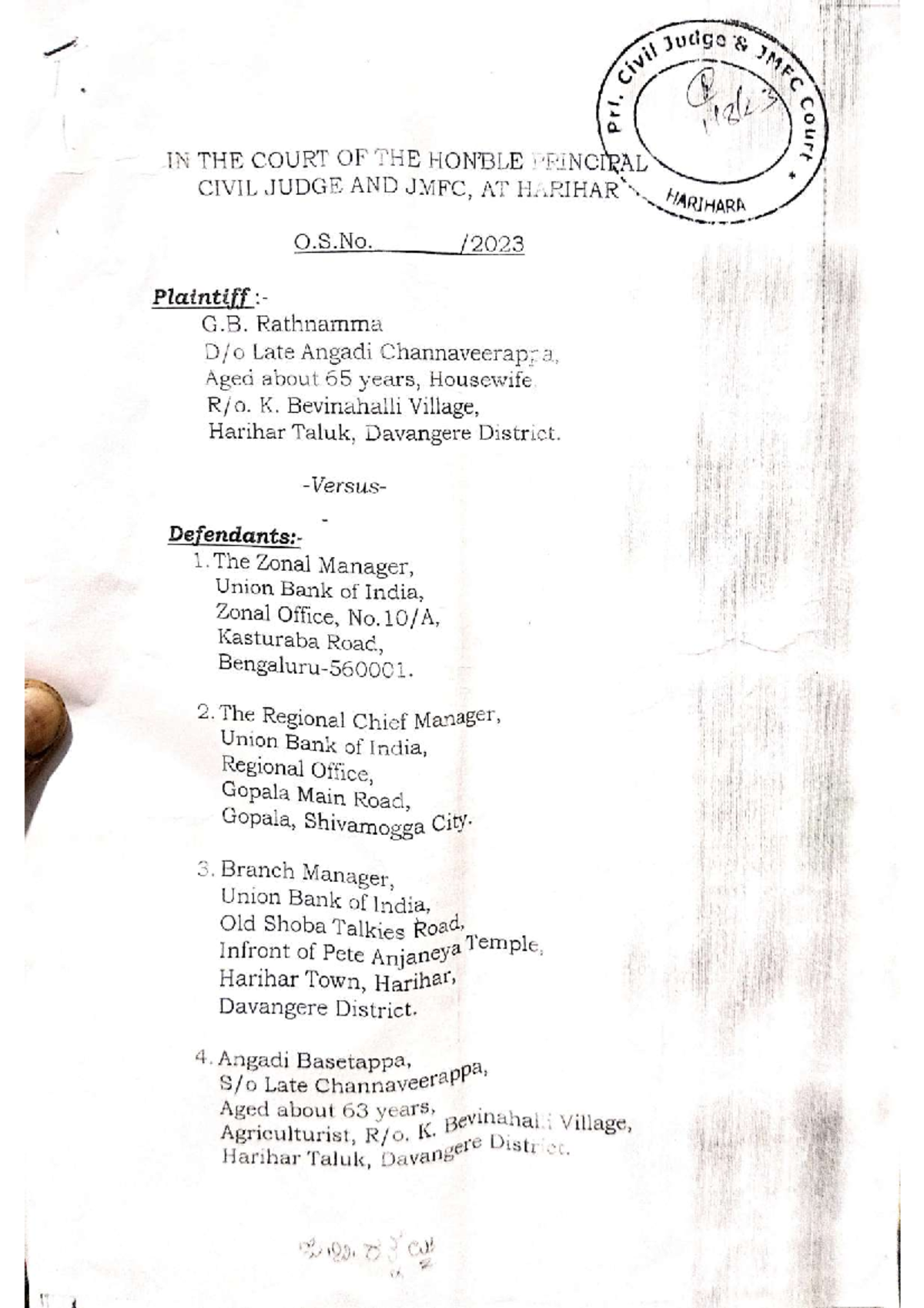 CIVIL SUIT PLAINT UNDER CPC FOR PROPERTY RIGHTS - O.S. G. RATHNAMMA ...