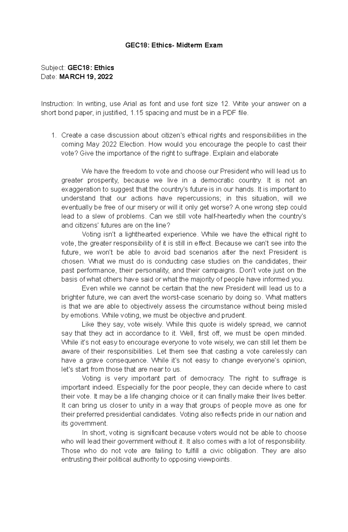 Ethics Midterm Exam - GEC18: Ethics- Midterm Exam Subject: GEC18 ...