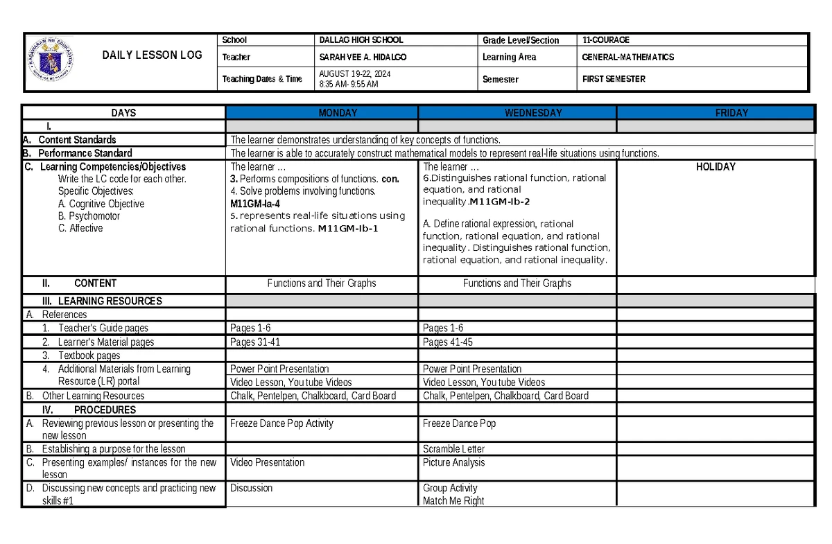 Daily Lesson Log: General Mathematics (1st Sem, Sept 2024) - Studocu