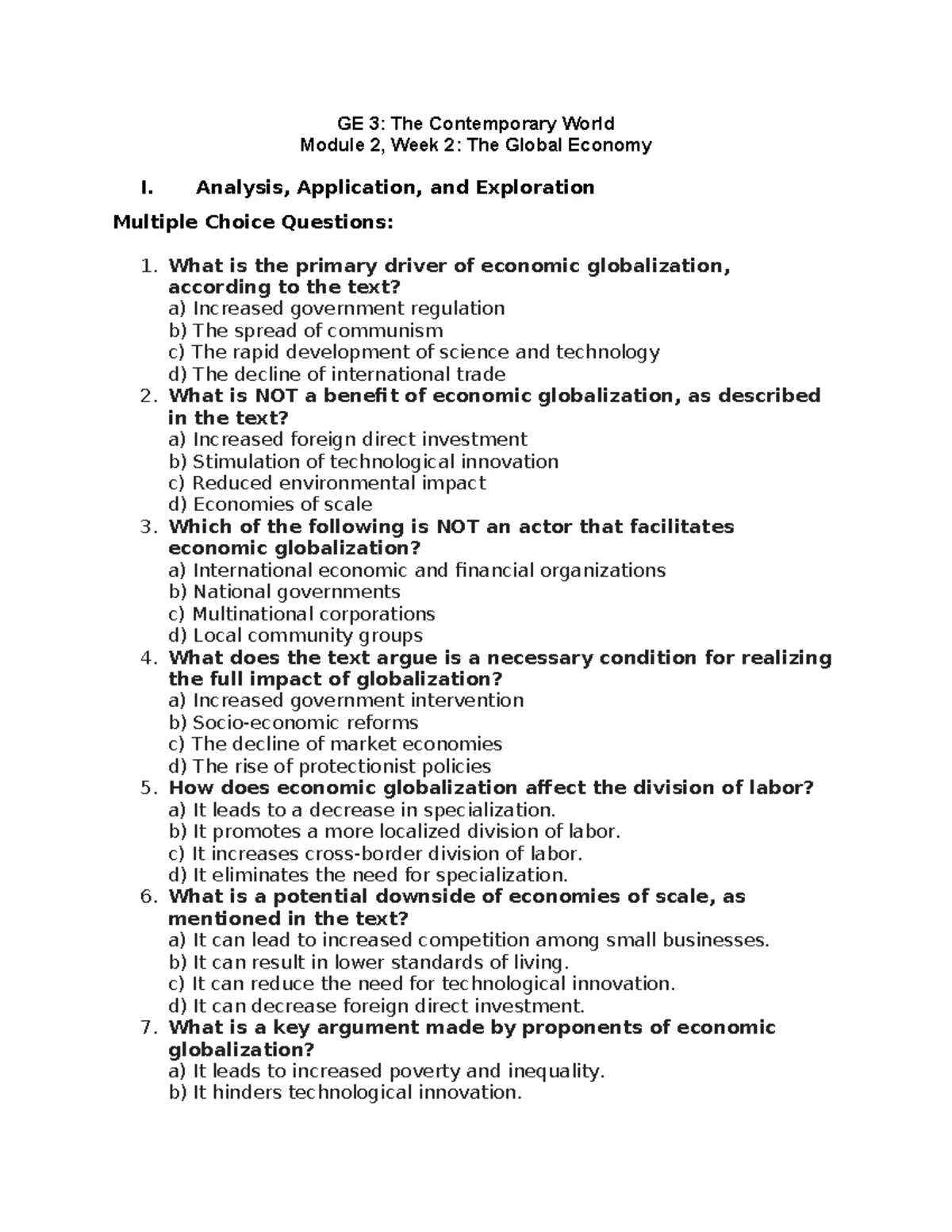 GE 3: The Contemporary World Module 2 - Economic Globalization Quiz ...