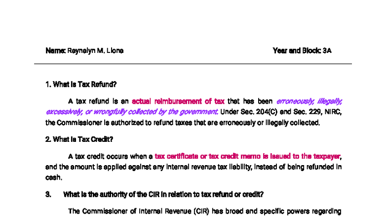 Tax Refund and Credit Overview: NIRC Sec. 204(C) & 229 Insights - Studocu