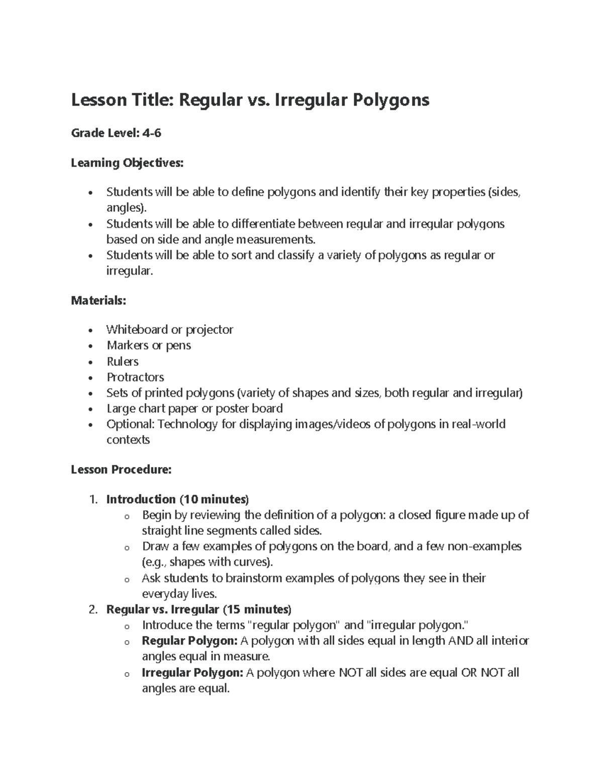 Lesson Exemplar: Understanding Regular & Irregular Polygons - Studocu
