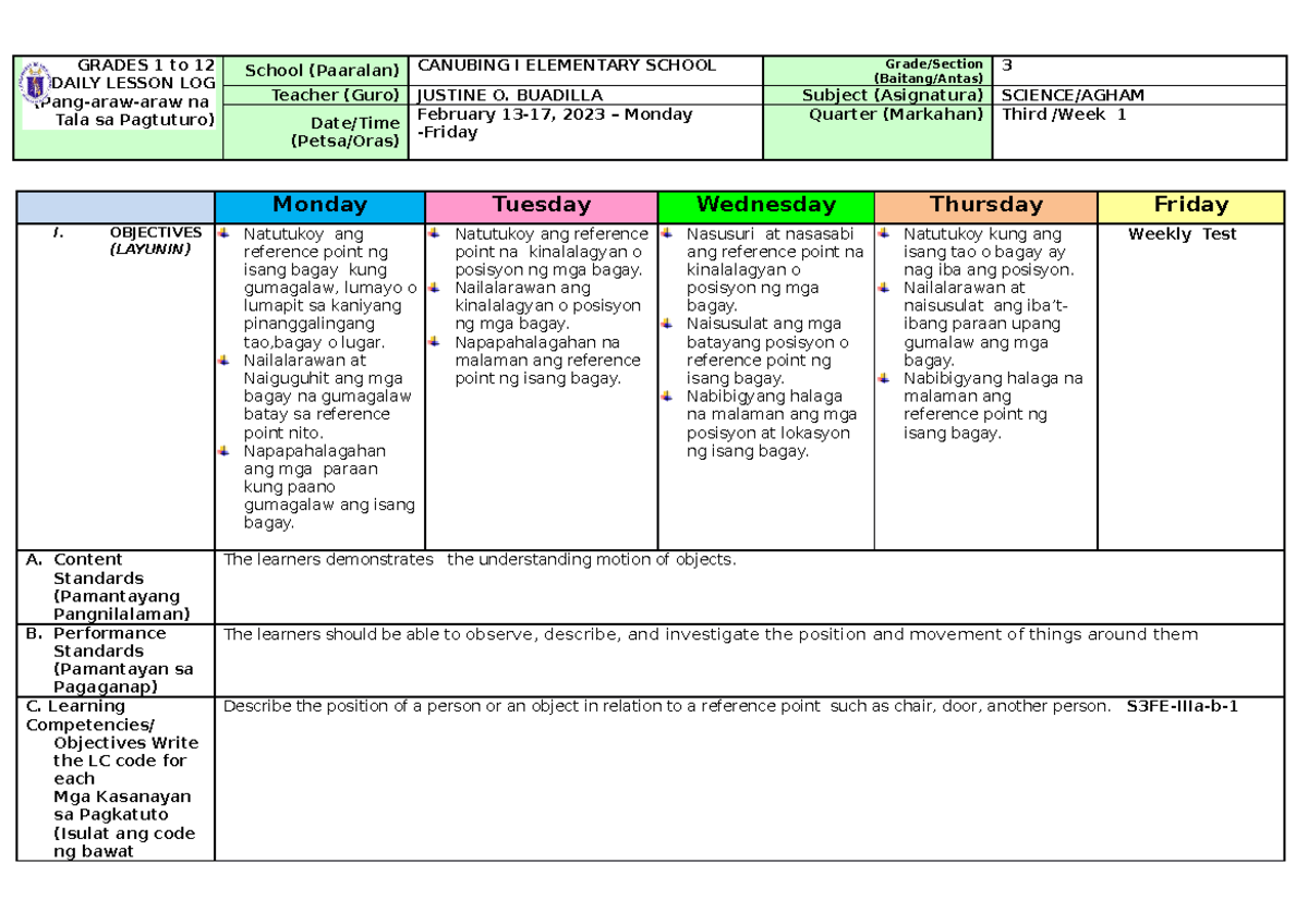 Q3 W1 - Daily Lesson Log in Science (Grade 3) on Reference Point - Studocu