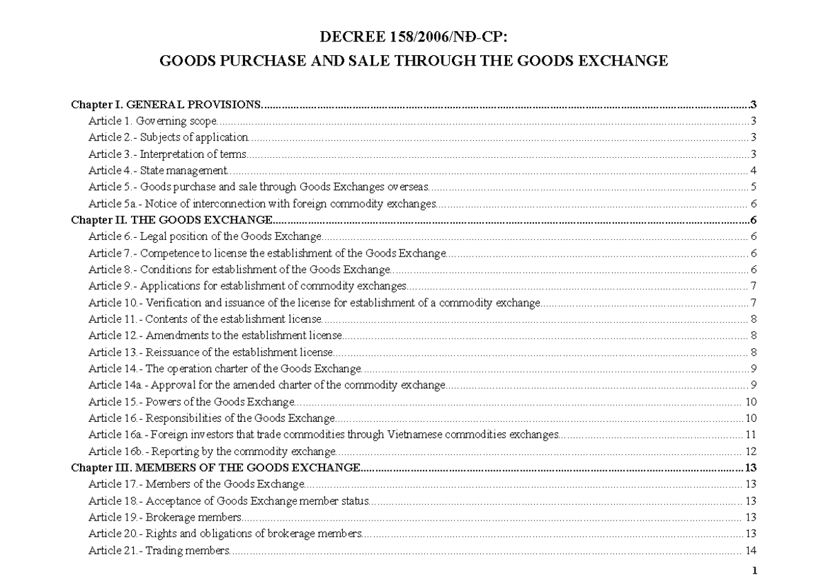 Goods Purchase and Sale Regulations via Goods Exchange (158/2006 NĐ-CP ...