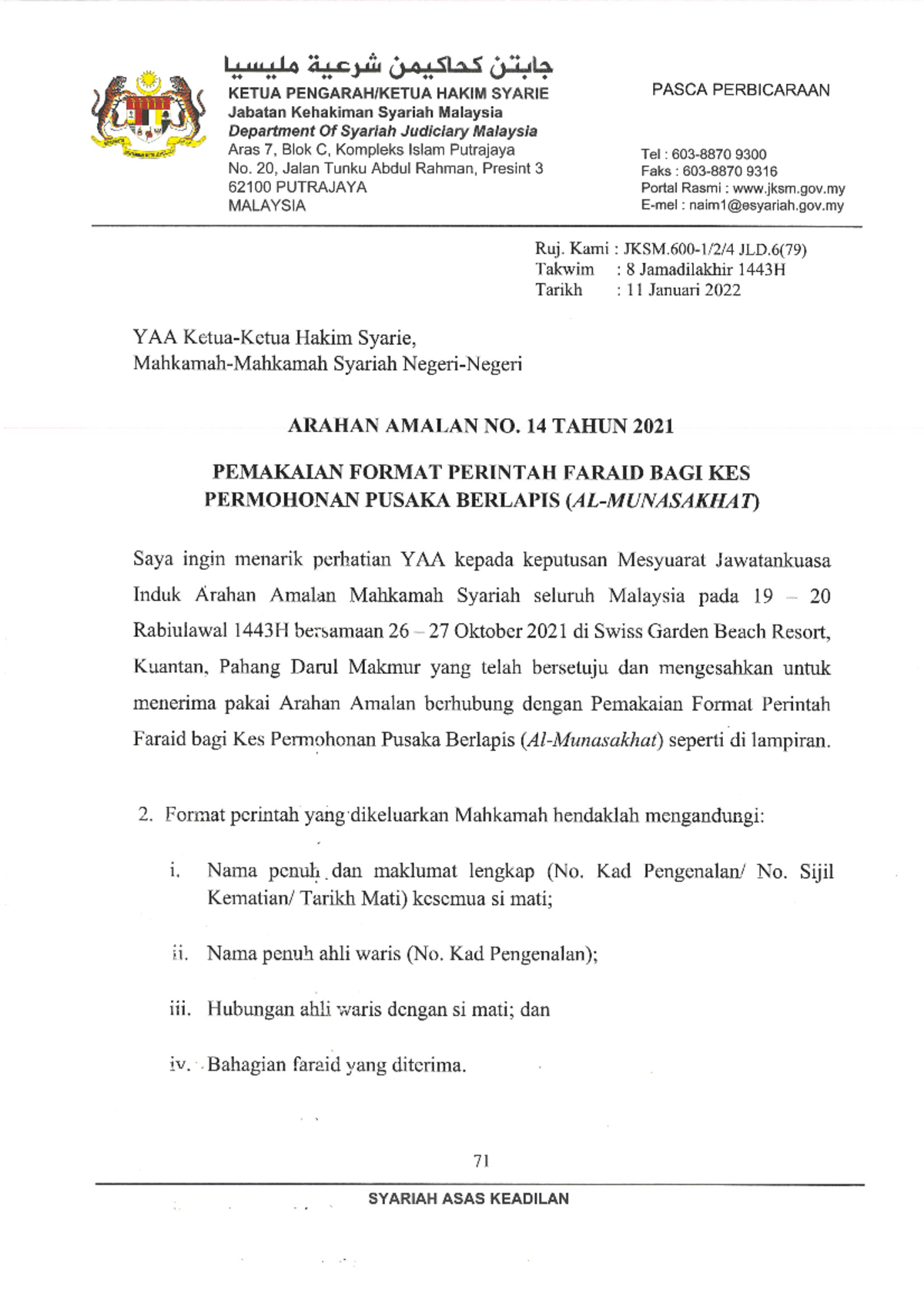 Arahan Amalan No. 14 Tahun 2021: Format Perintah Faraid Syariah - Studocu