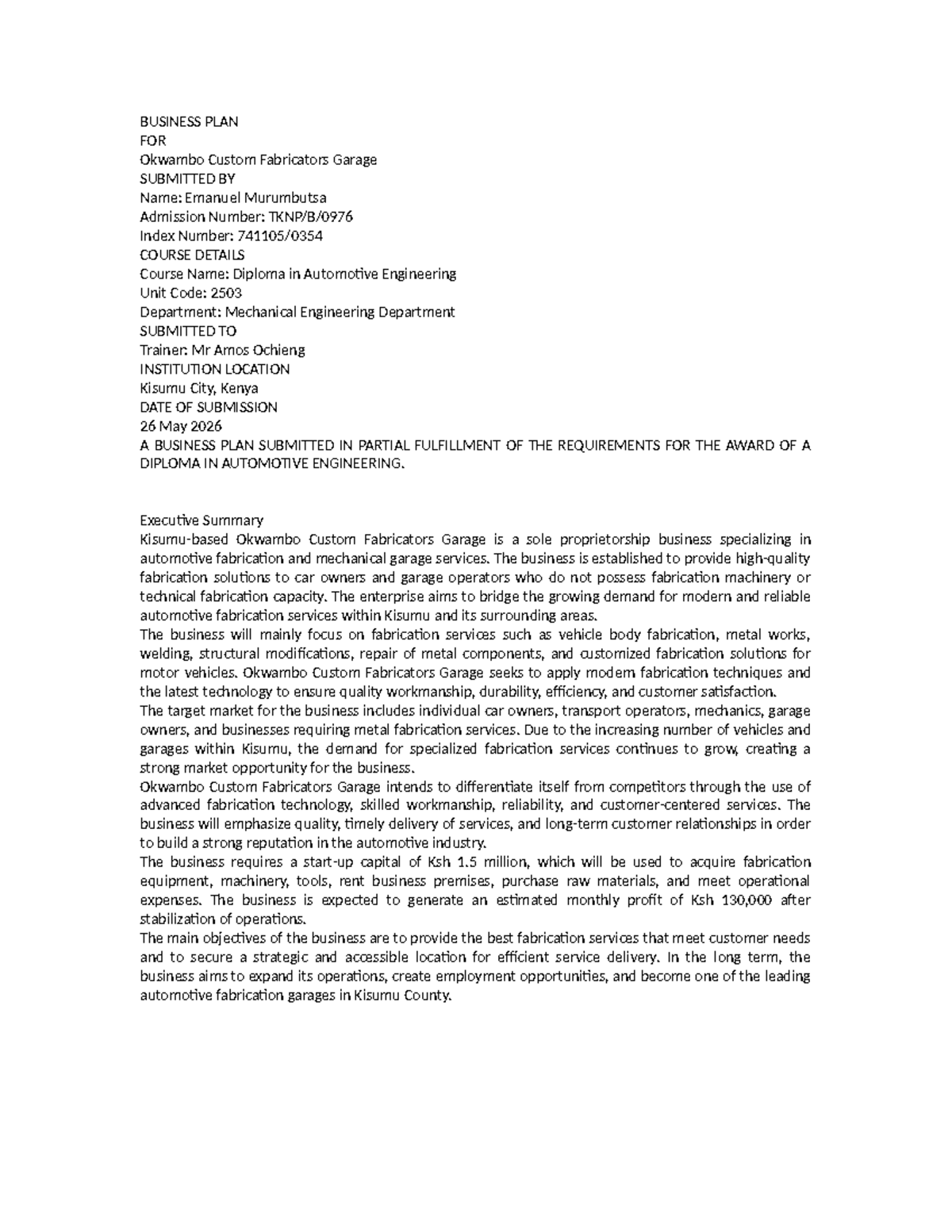 BUSINESS PLAN FOR Okwambo Custom Fabricators Garage (Unit Code: 2503 ...