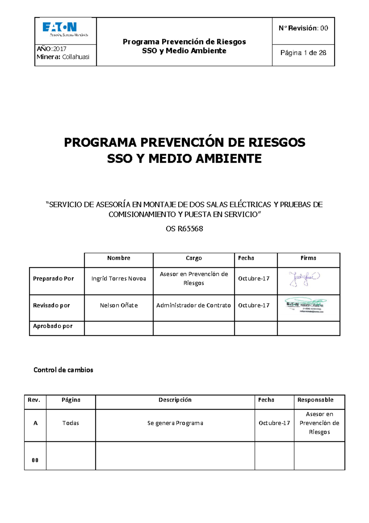 Programa Prevención de Riesgos- OS R65568 Cmdic - Programa Prevención de Riesgos SSO y Medio ...