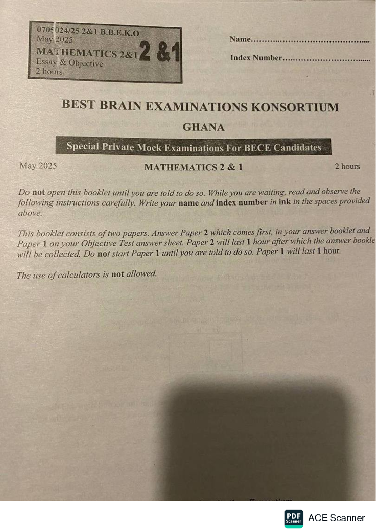 BECE 2025 Mathematics 2 Mock Exam Paper - Best Brains - Studocu