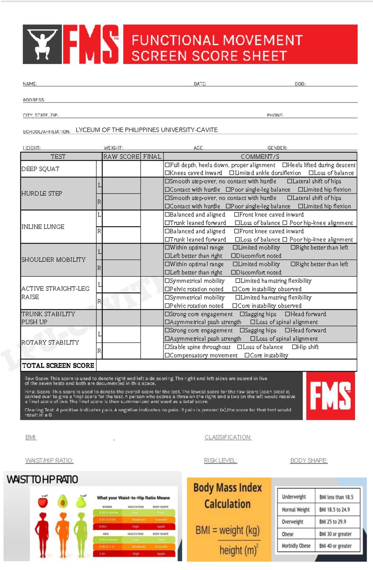 FMS Sheet 25-26: Functional Movement Screen Test Results - Studocu
