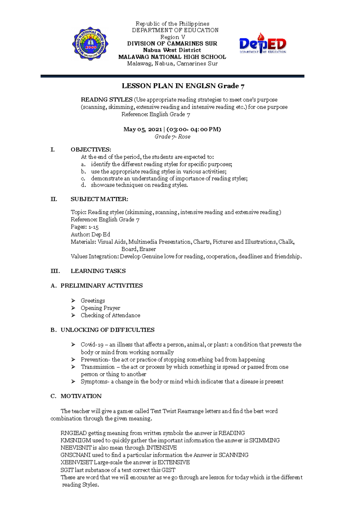 Reading Styles LP - FOR REFERENCE - DEPARTMENT OF EDUCATION Region V ...