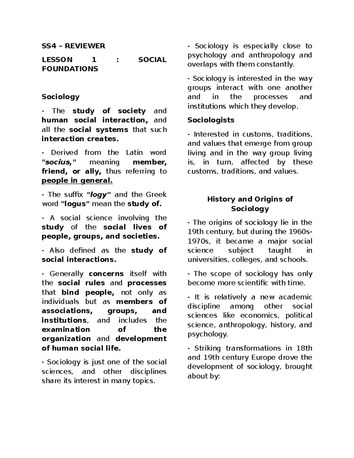 SS4 - Reviewer Lesson 1: Foundations of Sociology - Studocu