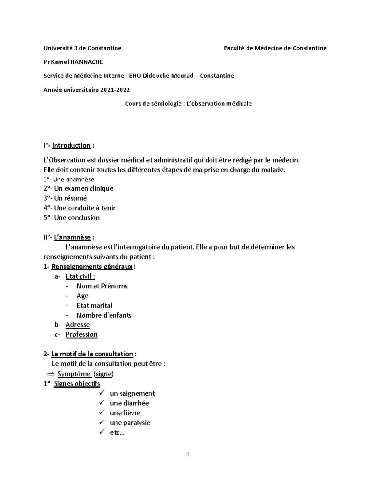 Observation médicale 2021 2022 - Université 3 de Constantine Faculté de ...