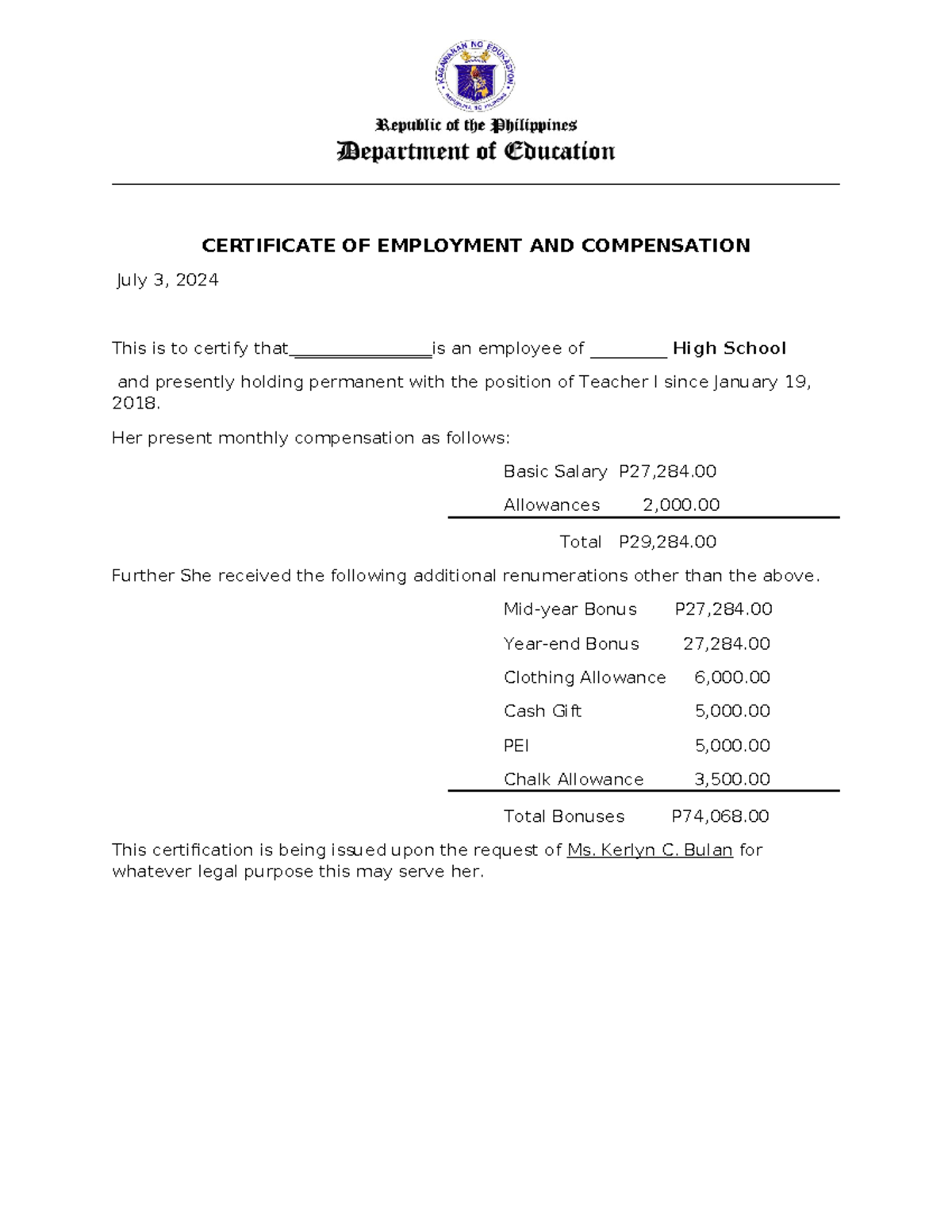 COE with Compensation - SAMPLE COE only . - CERTIFICATE OF EMPLOYMENT AND COMPENSATION July 3 ...