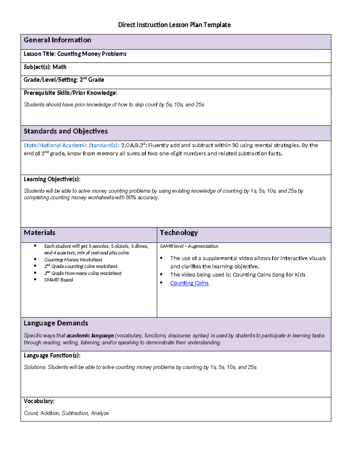 2nd Grade Math Lesson Plan: Counting Money Problems - Studocu