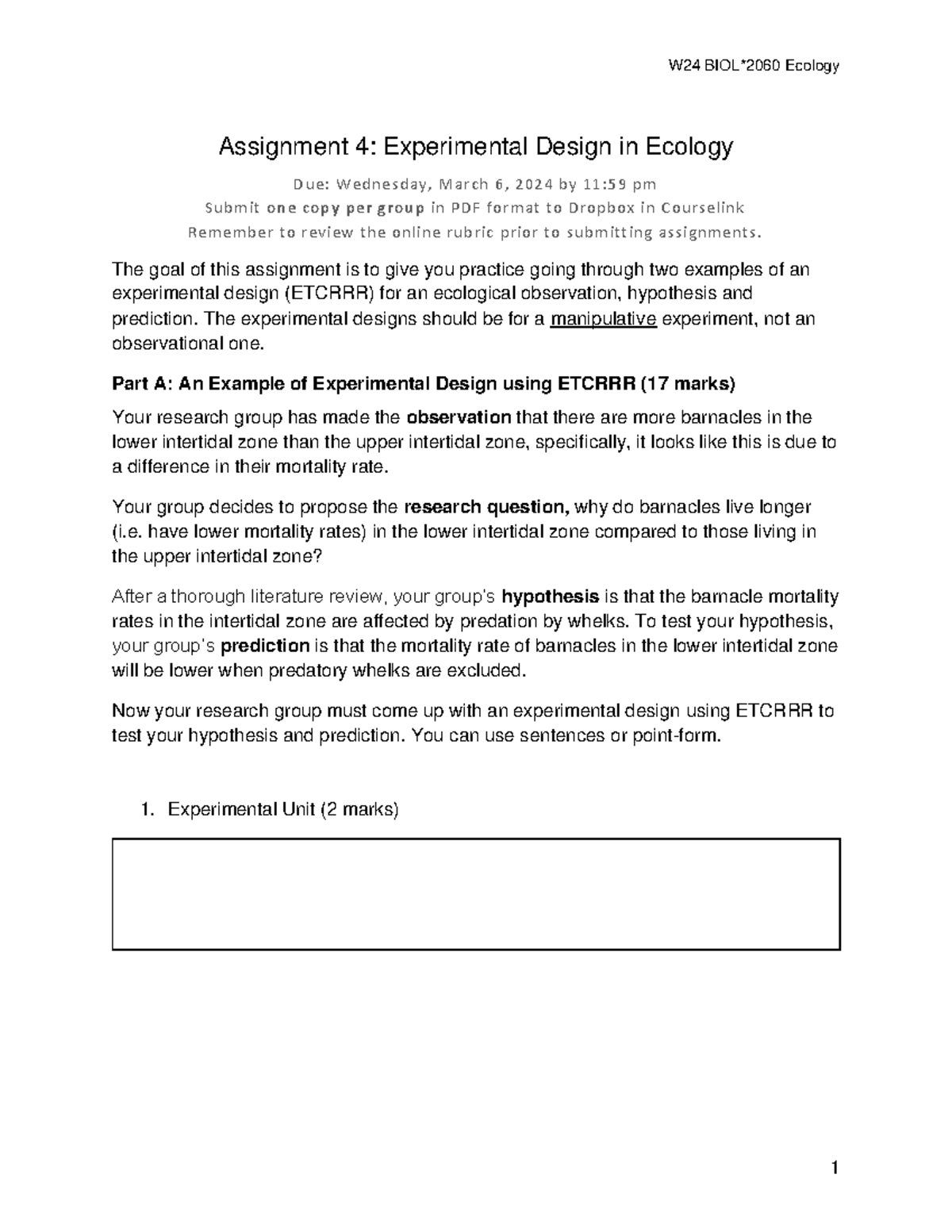 Assignment 4: Experimental Design & Hypothesis in Ecology - Studocu