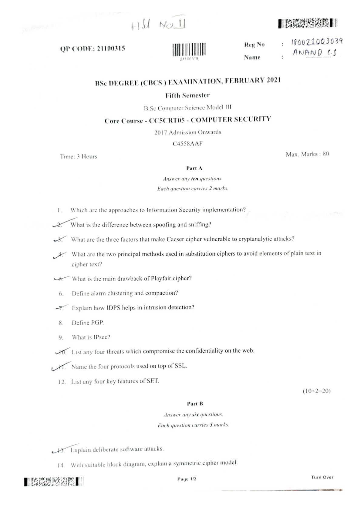 BSc Computer Science C4558AAF Final Exam: Computer Security QP 21100315 - Studocu