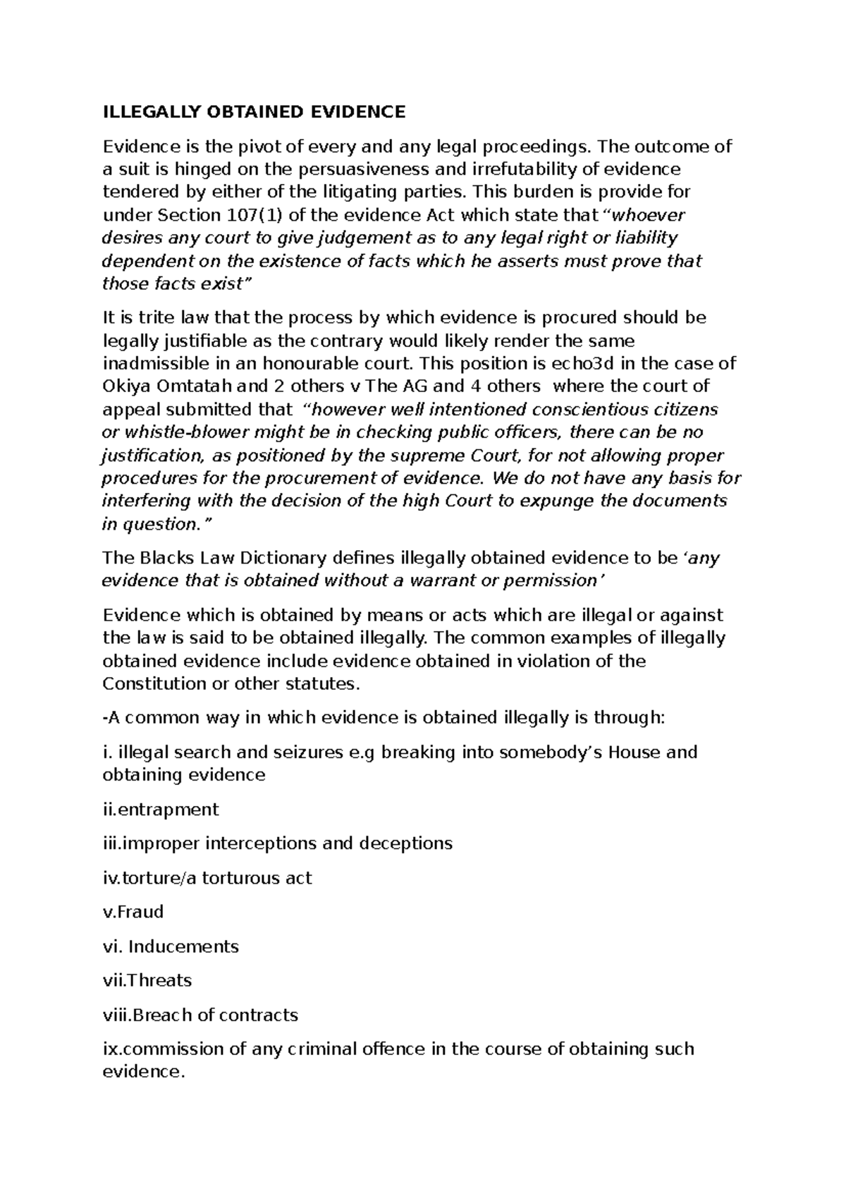 ILR 101: Illegally Obtained Evidence and Its Admissibility - Studocu