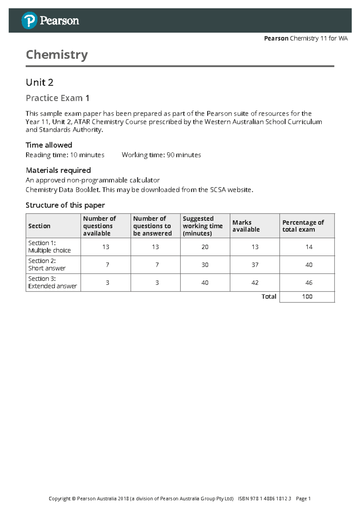 Pearson Chemistry 11 WA Unit 2 Practice Exam 1 - Sample Paper - Studocu