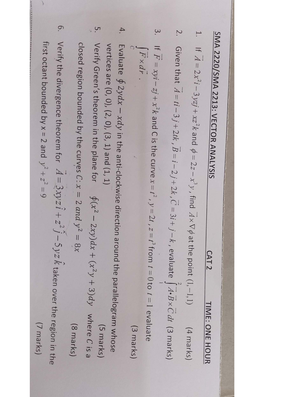 SMA 2213: Vector Analysis CAT 2 Exam Questions and Solutions - Studocu