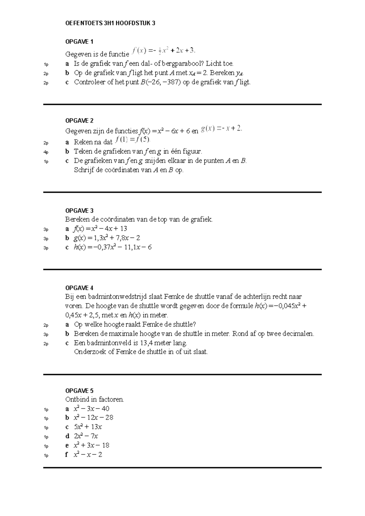Oefentoets 3H1 Hoofdstuk 3: Analyse van Functies en Grafieken - Studeersnel