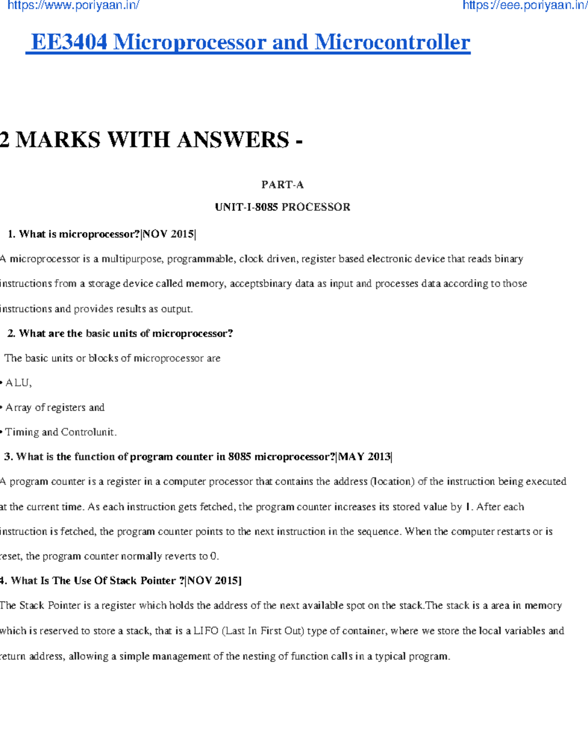 EE3404 Microprocessor and Microcontroller Reg 2021: 2 Marks Q&A Guide - Studocu