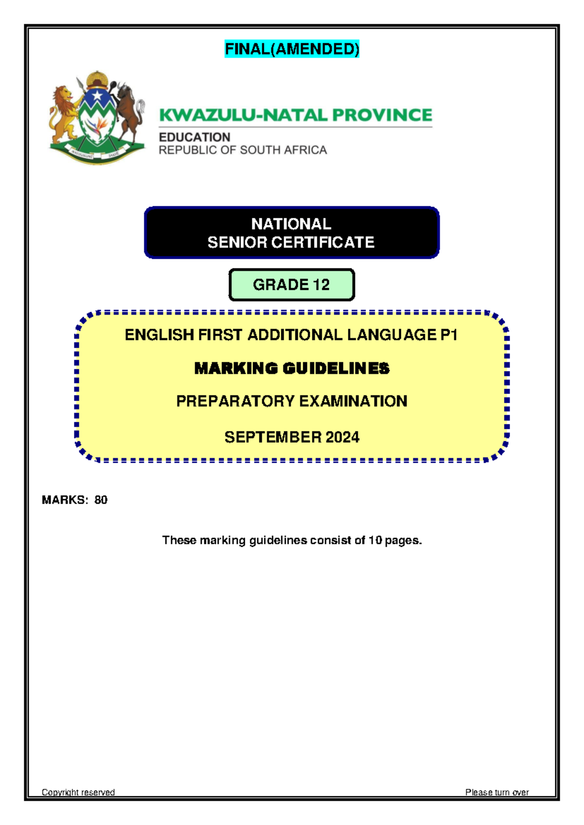 Amended Guidelines for English FAL P1 September 2024 Grade 12 Exam ...