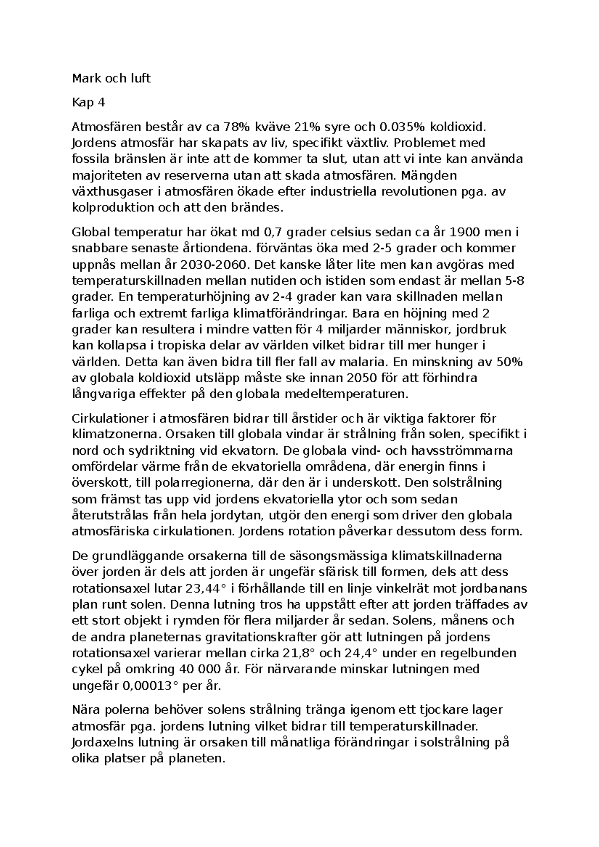 Mark och Luft Kap 4: Atmosfärens Struktur och Klimatpåverkan - Studocu