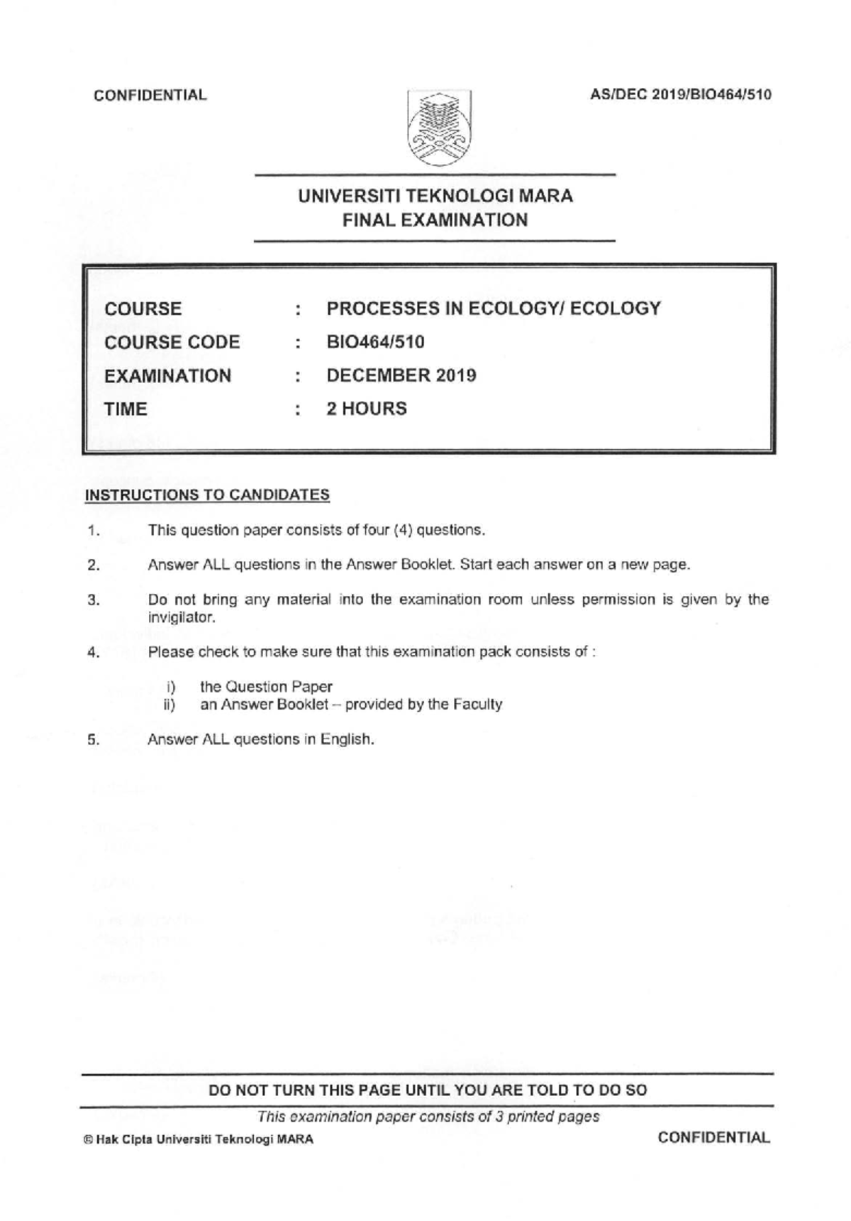 BIO464 Final Exam: Processes in Ecology - December 2019 - Studocu