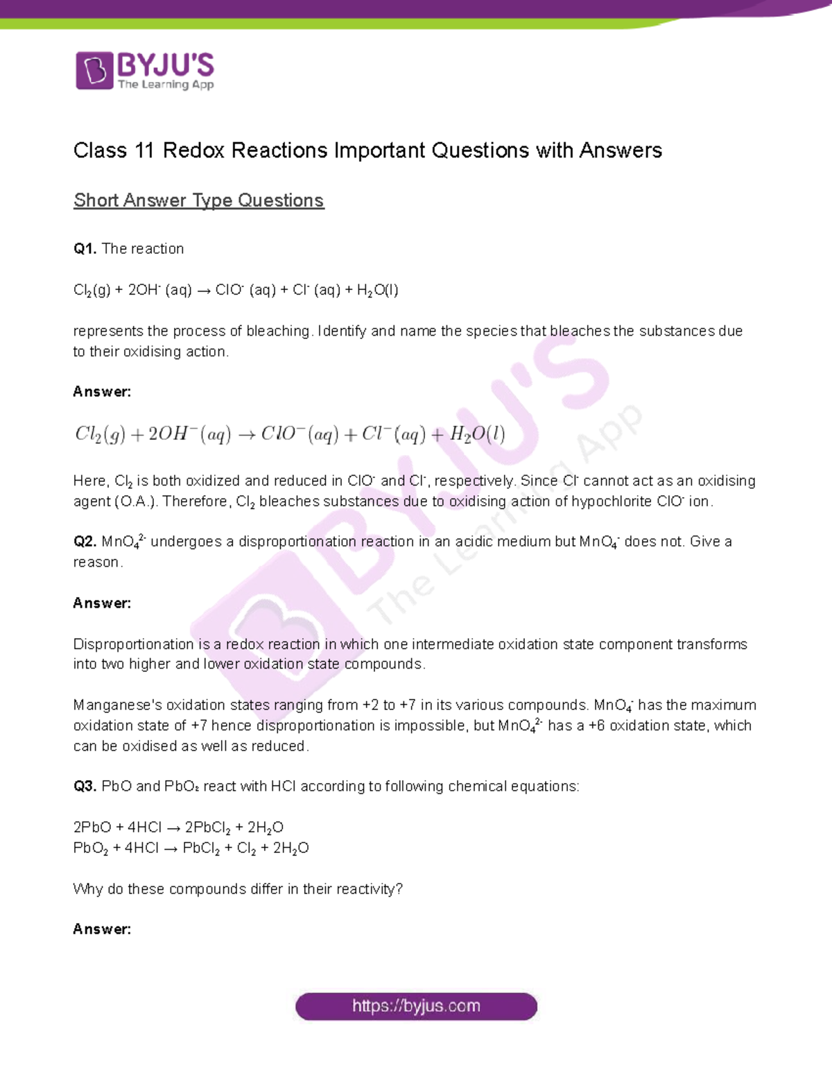 Class 11 Chemistry Chapter 8 Redox Reactions Key Q&A Guide - Studocu