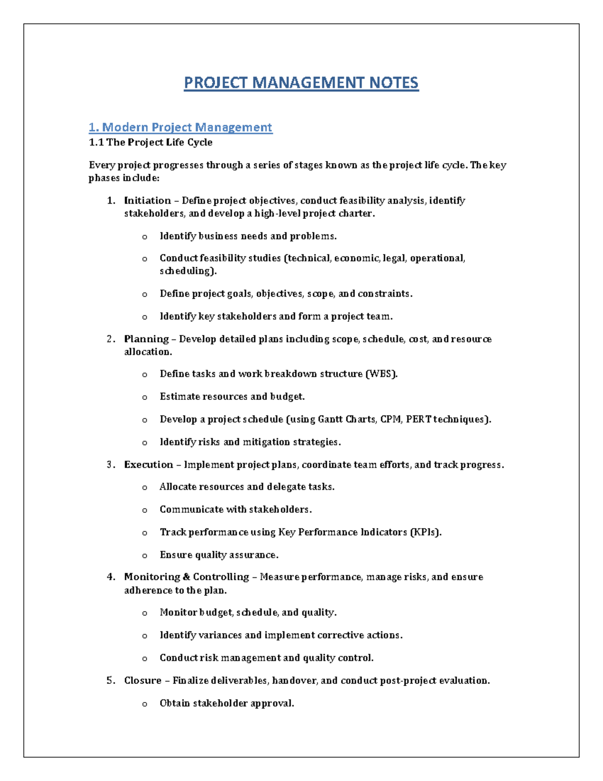 PROJECT MANAGEMENT NOTES: Key Concepts and Strategies (T1, T2) - Studocu