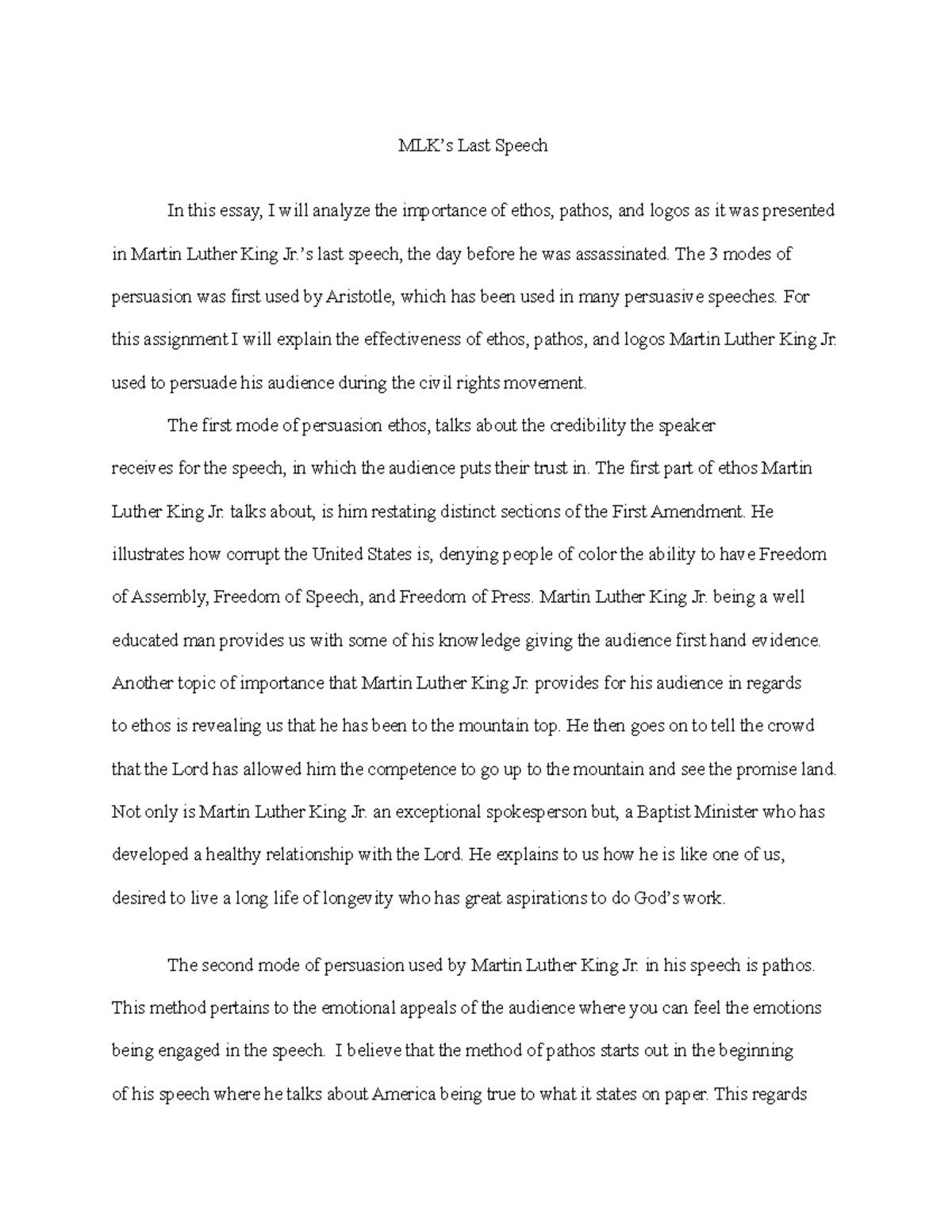 Rhetorical Analysis Essay: Ethos, Pathos, and Logos in MLK's Last ...