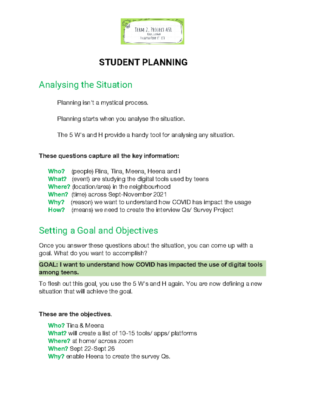 Studentplanning Sheet - STUDENT PLANNING Analysing the Situation ...
