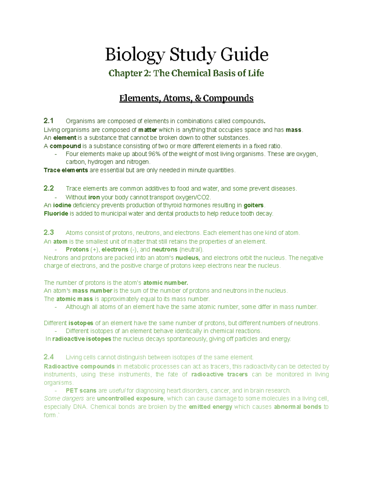 Biology Study Guide: Ch 2 - The Chemical Basis of Life Elements & Atoms ...