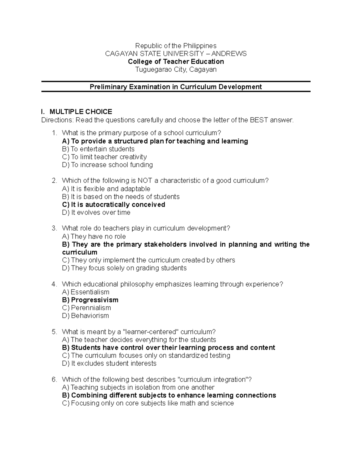 Preliminary Exam in Curriculum Development (CTE 101) - Studocu