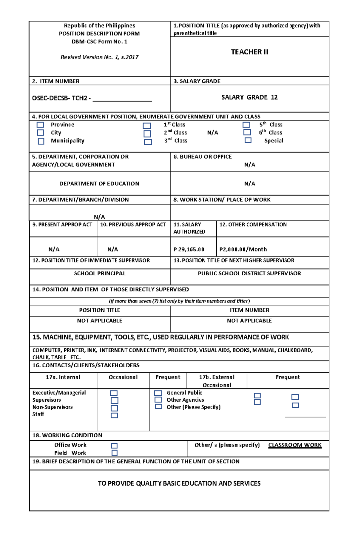 2024 CSC Forms for Teacher II Position - DBM-CSC Form No. 1 - Studocu