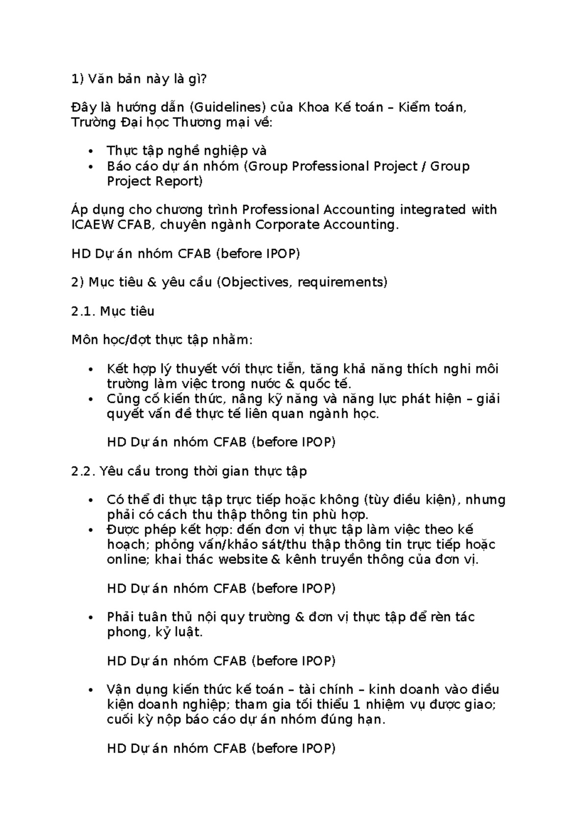 Hướng dẫn Thực tập và Báo cáo Dự án Nhóm CFAB (before IPOP) - Studocu