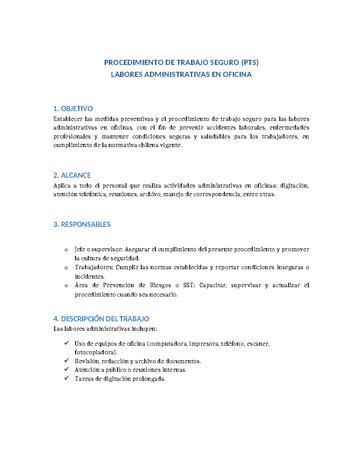 PTS: Procedimiento de Trabajo Seguro para Labores Administrativas en ...
