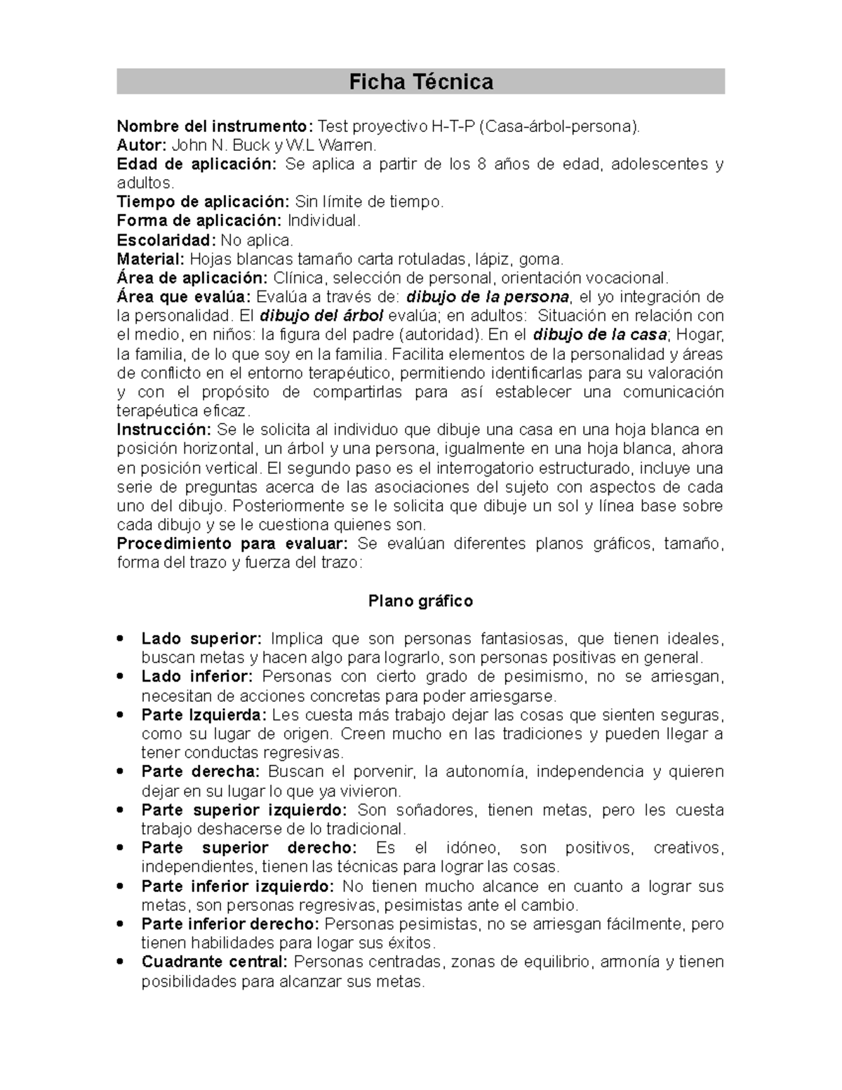 Ficha Técnica del Test Proyectivo HTP (Casa-Árbol-Persona) - Studocu