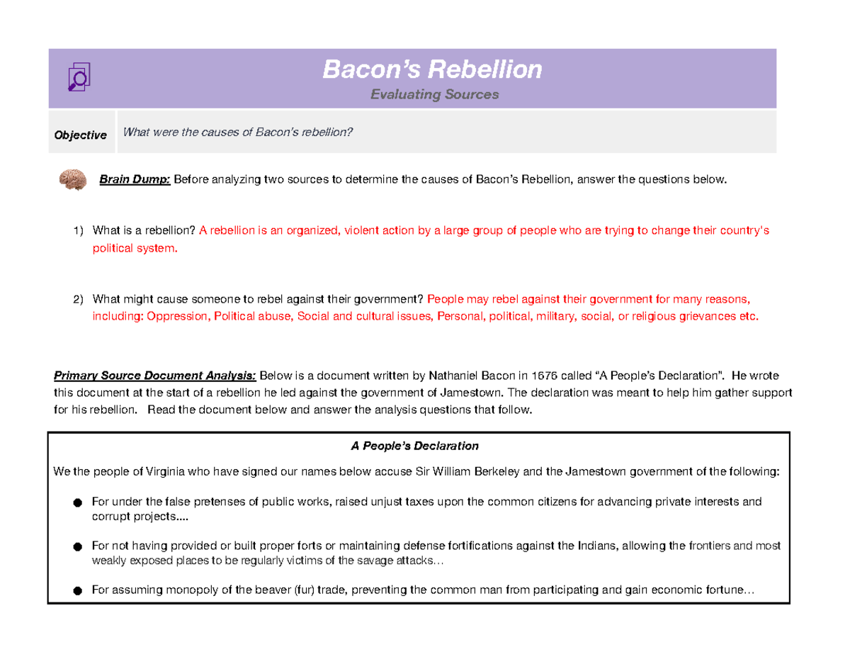 Unit 1 Case Study: Analyzing Causes of Bacon's Rebellion - Studocu