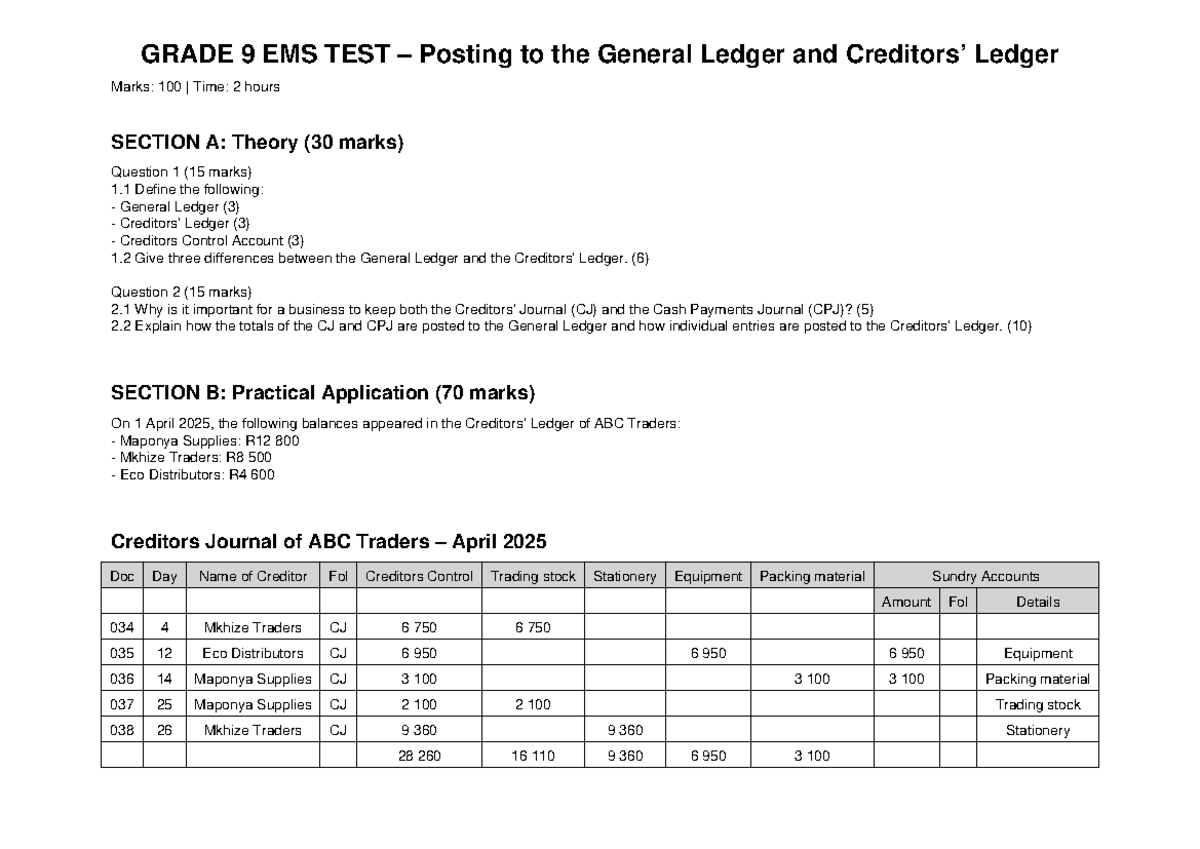 GRADE 9 EMS TEST: General Ledger & Ledger Posting Guide - Studocu