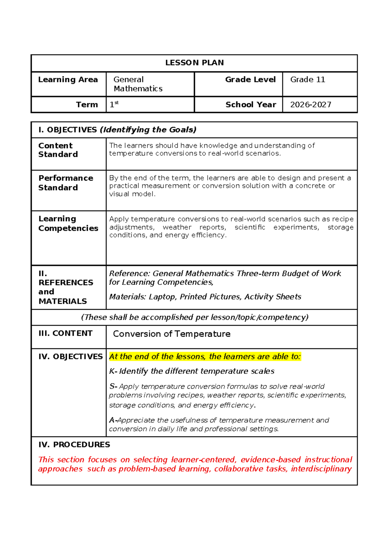 LP: Lesson Plan on Temperature Conversion for General Math Grade 11 ...