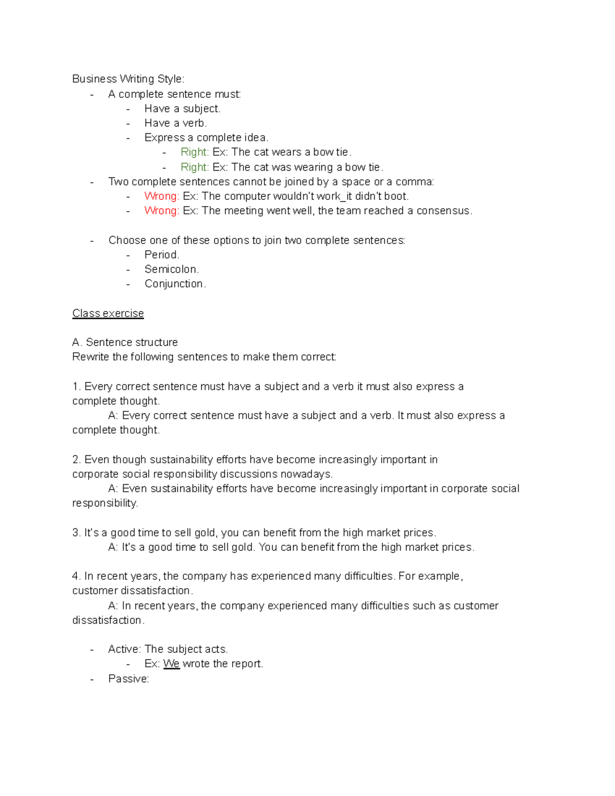 BUS 101: Business Writing Style - Sentence Structure & Corrections ...