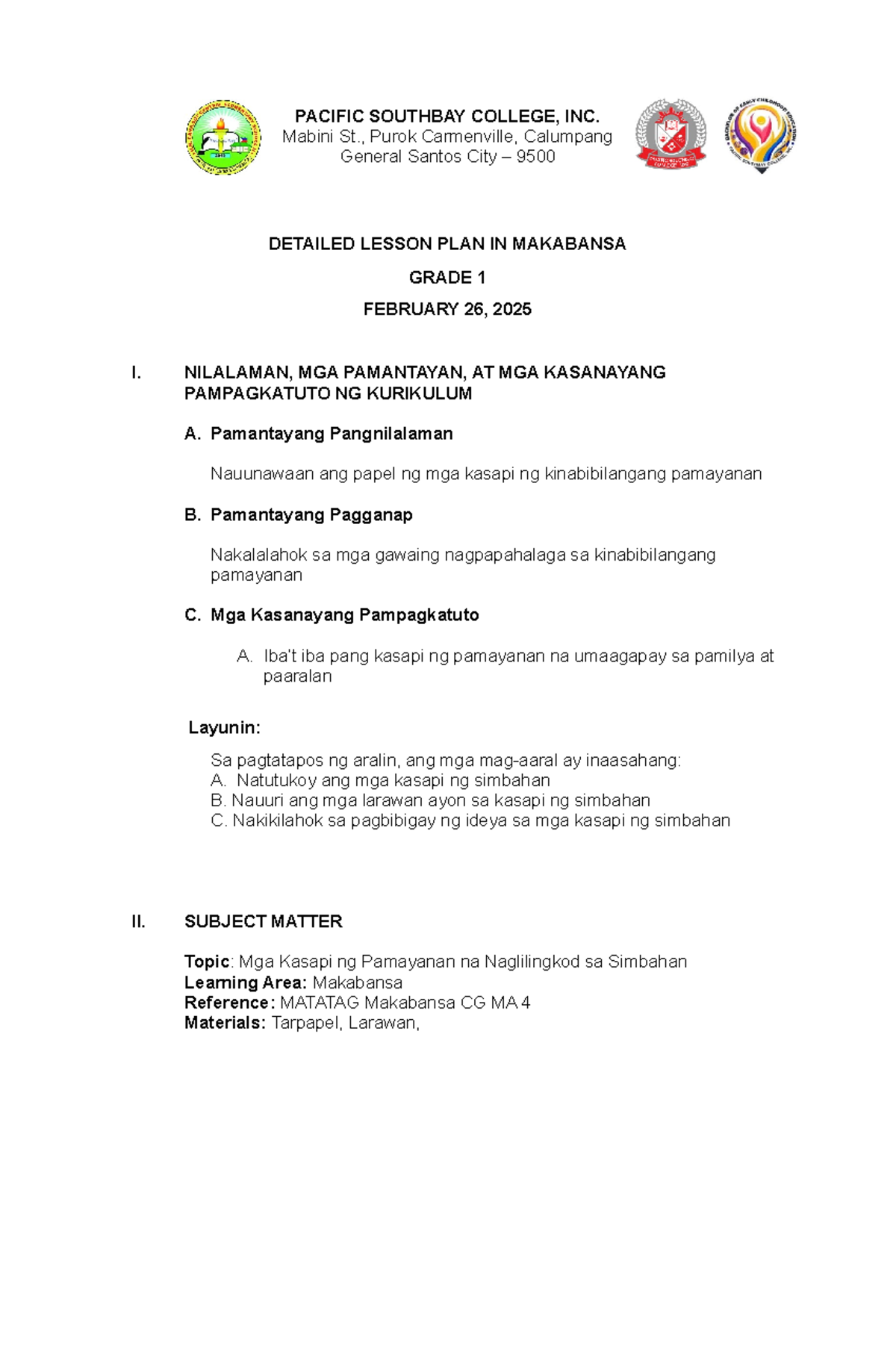 Makabansa 123 - Lesson Plan - PACIFIC SOUTHBAY COLLEGE, INC. Mabini St ...