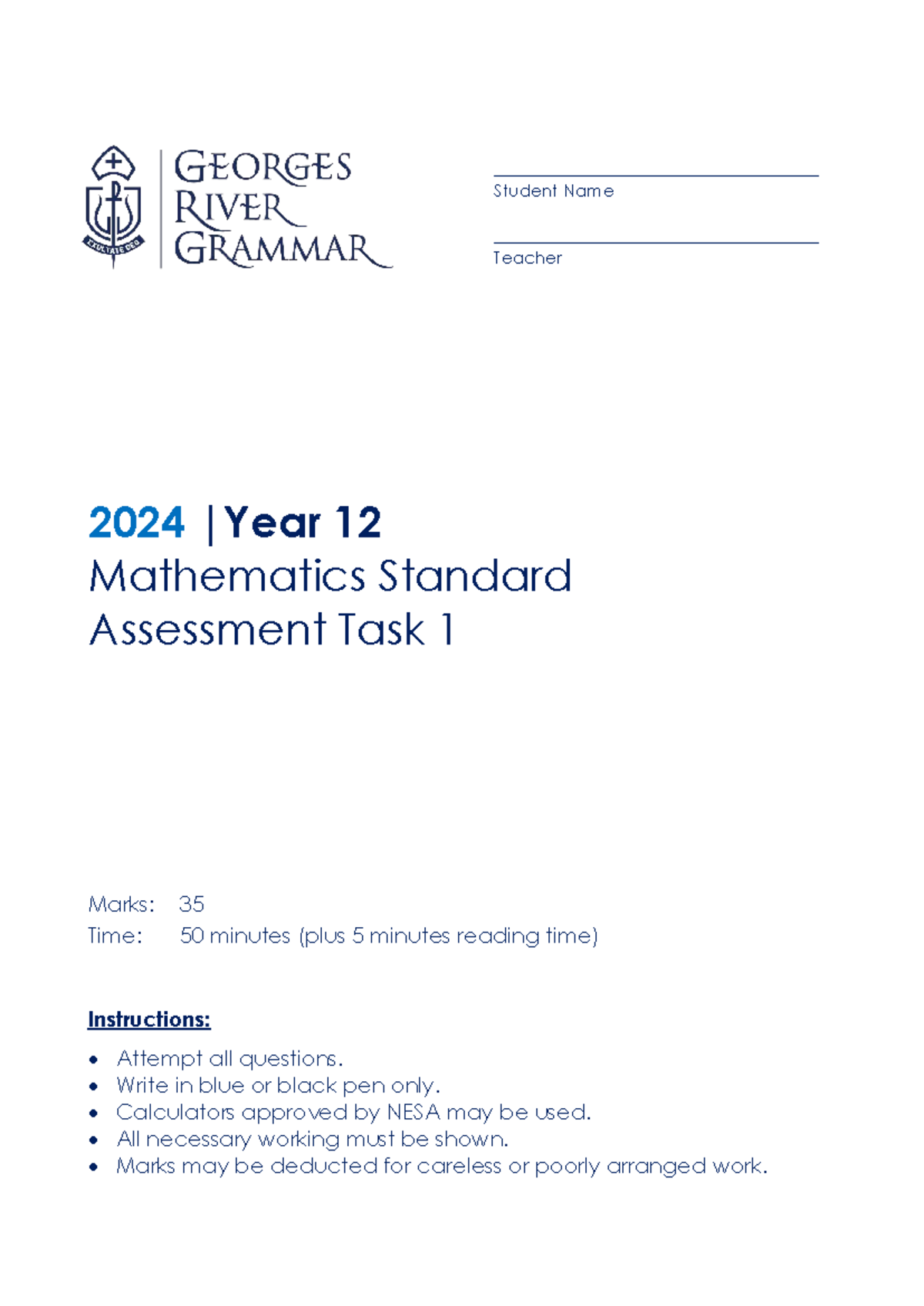 2024 Year 12 Mathematics Standard Assessment Task 1 Guide - Studocu