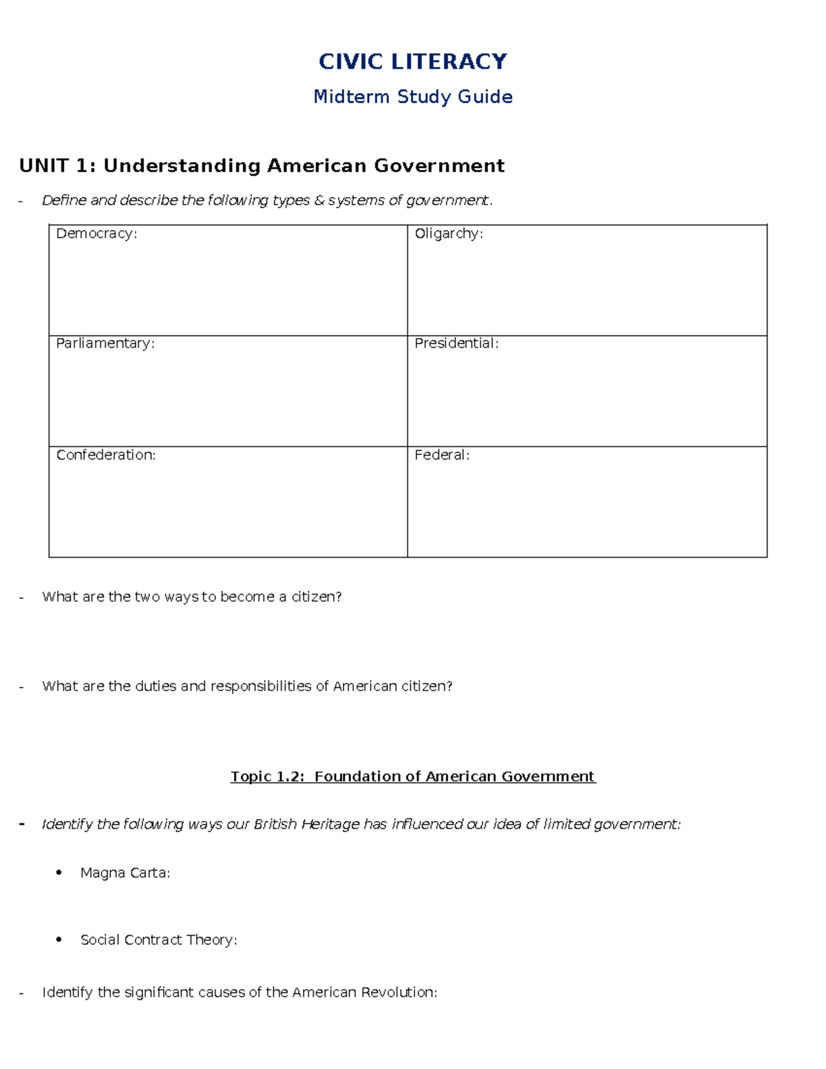 Civic Literacy (CIV 101) - Midterm Exam Study Guide Insights - Studocu