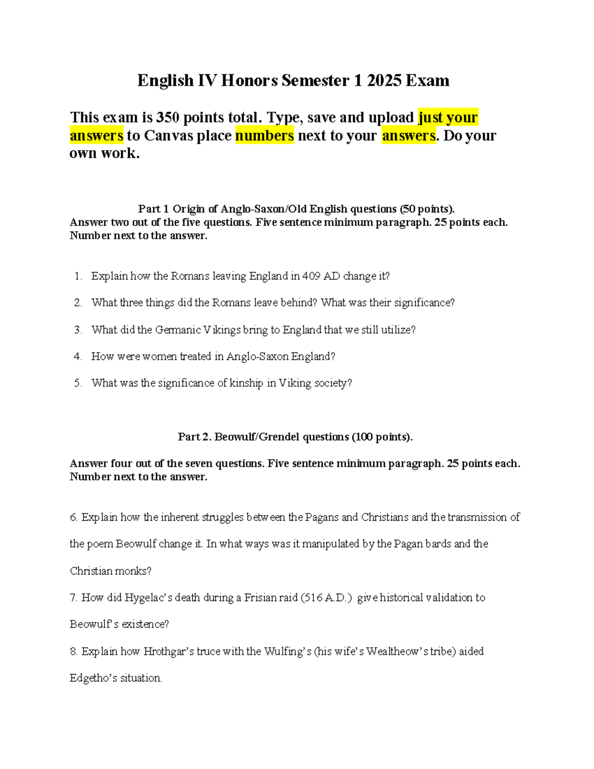 English IV Honors S1 2025 Final Exam Guide - Studocu
