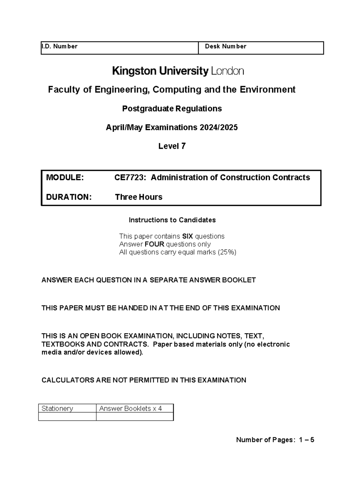 CE7723 Final Exam: Administration of Construction Contracts Analysis ...